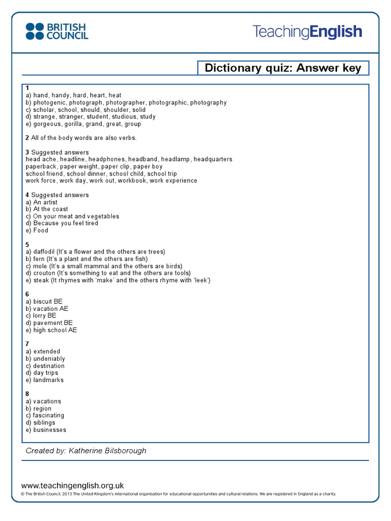 Dictionary Quiz Answer Key 0 | PDF | Organisms | Nature