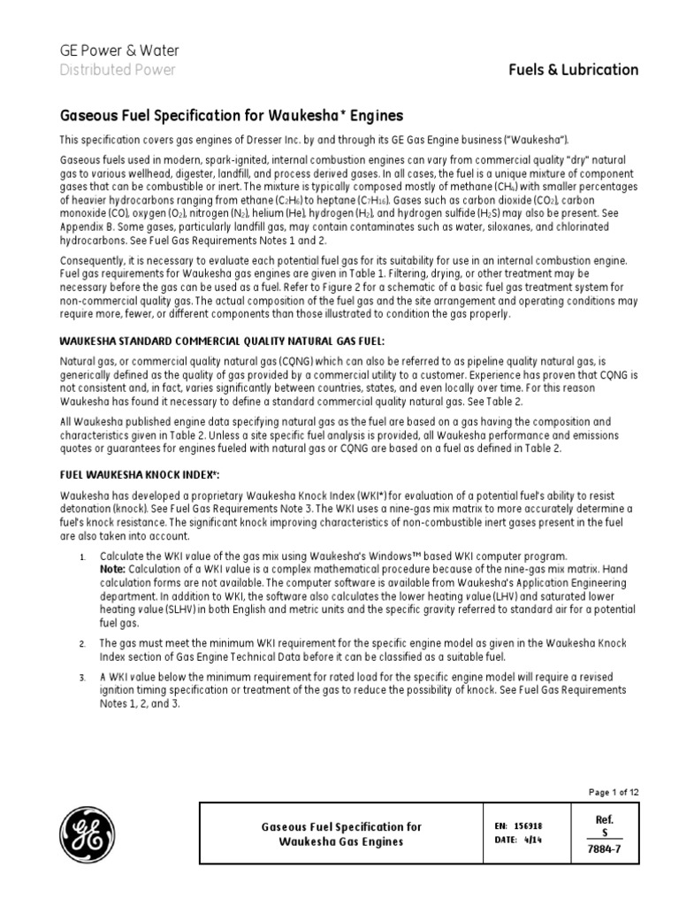 Fuel Specification For Waukesha Engine | PDF | Natural Gas | Internal ...