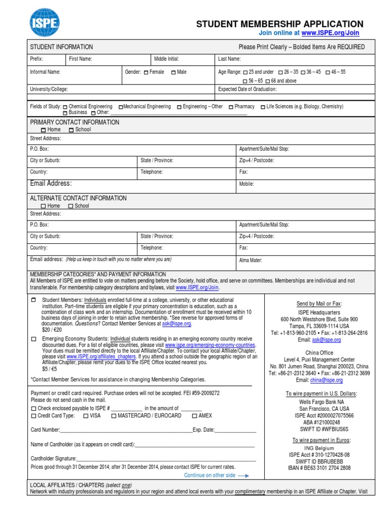 Student Membership Application: Email Address | PDF | Address (Geography) | Credit Card