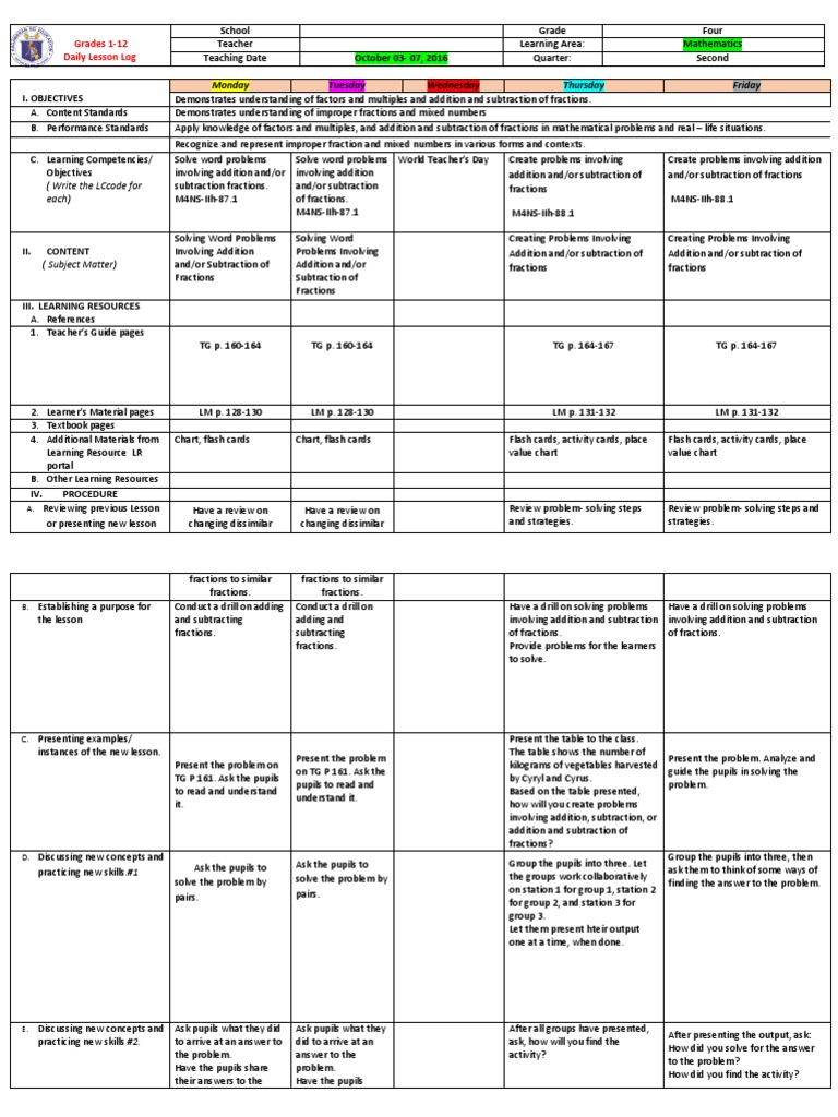 DLL in MATH 4 (Oct.. 03-07, 2016) | PDF | Subtraction | Fraction ...