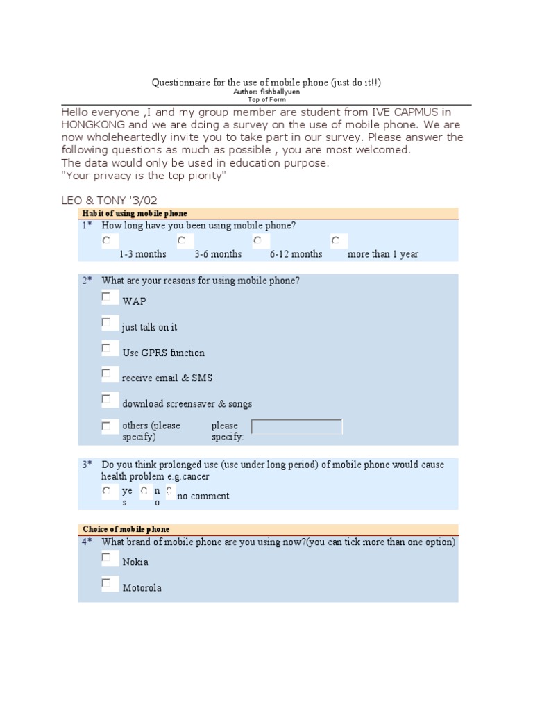 Questionnaire For The Use of Mobile Phone | PDF | Mobile Phones | Business