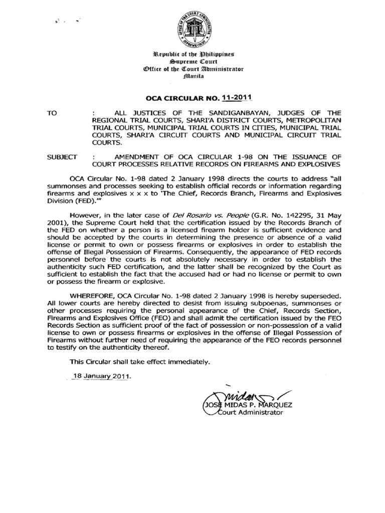 OCA Circular No. 11 2011 | PDF | Judge | Evidence (Law)