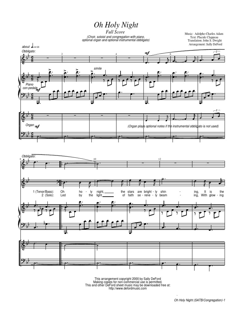Oh Holy Night Choir and Congregation Full Score Key Is BB | PDF | Music ...