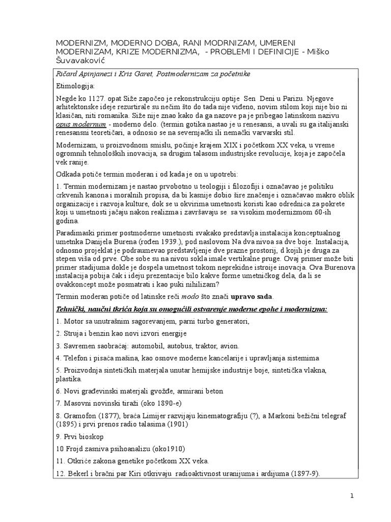 0001 Modernizm, Moderno Doba, Rani Modrnizam, Umereni Modernizam, Krize ...