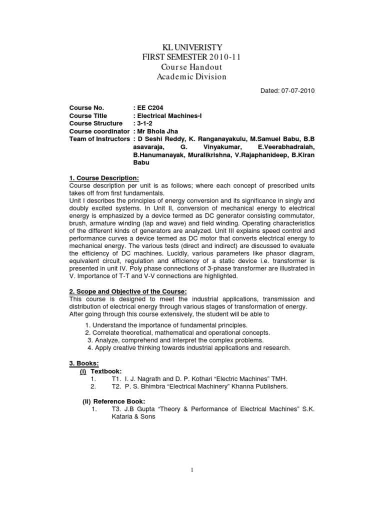 Course Handout for Electrical Machines-I: Principles of ...