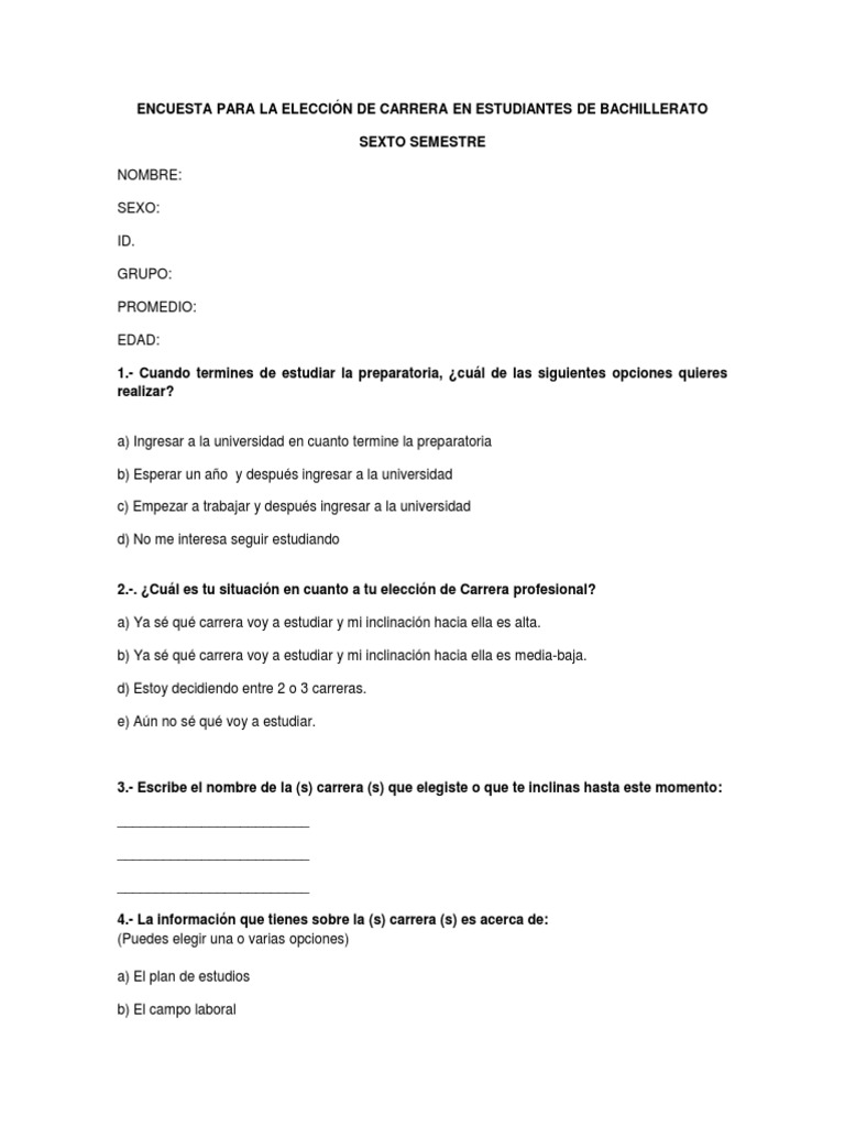 Encuesta Para La Eleccion de Carrera en Estudiantes de Bachillerato