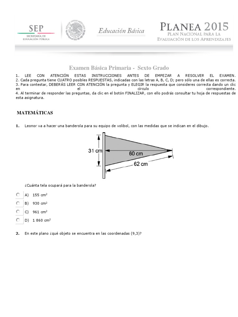 Examen Planea 2015 Primaria | PDF | Unidades de medida | Naturaleza