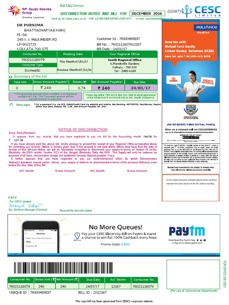 LT Bill Dec16 | PDF | Cheque | Debit Card