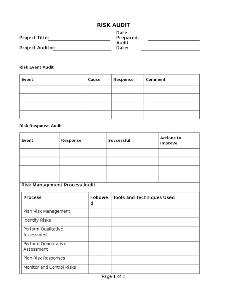 Risk Audit: Project Title: Date Prepared: Project Auditor: Audit Date ...