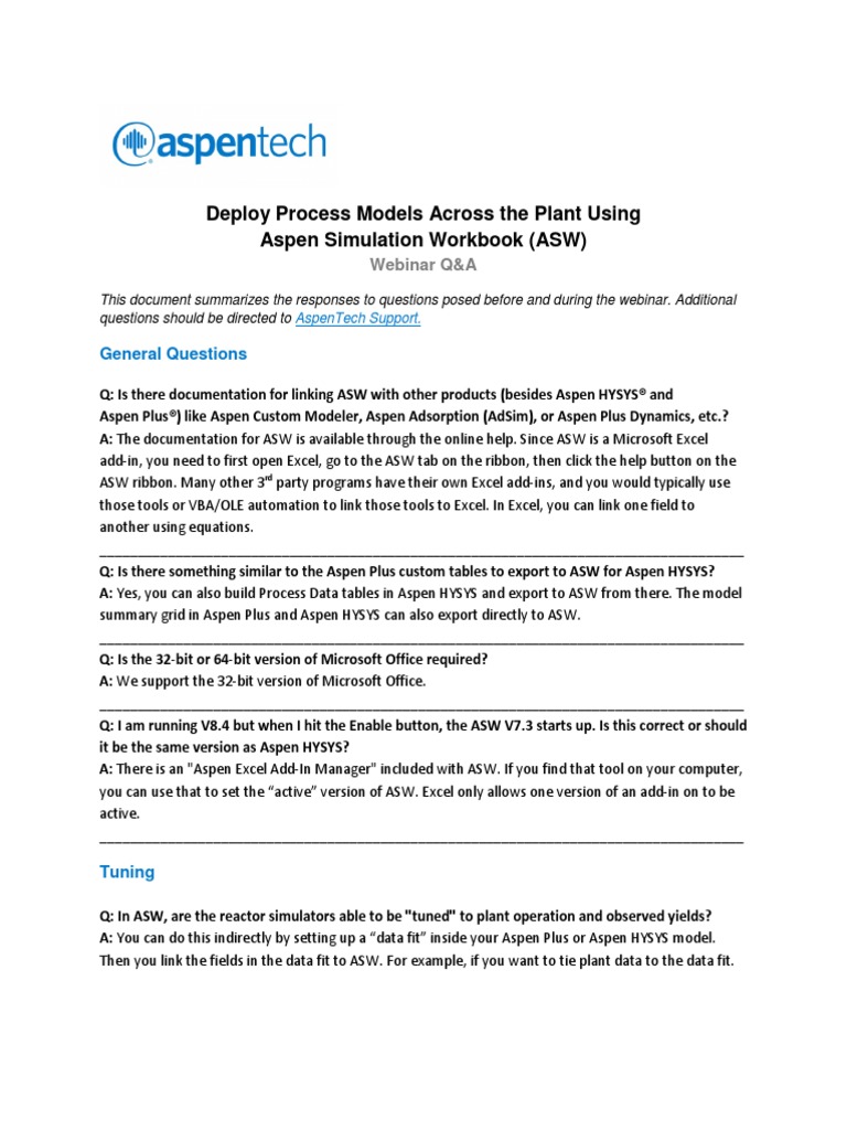 Aspen Simulation Workbook Webinar FAQ | PDF | Microsoft Excel | Simulation