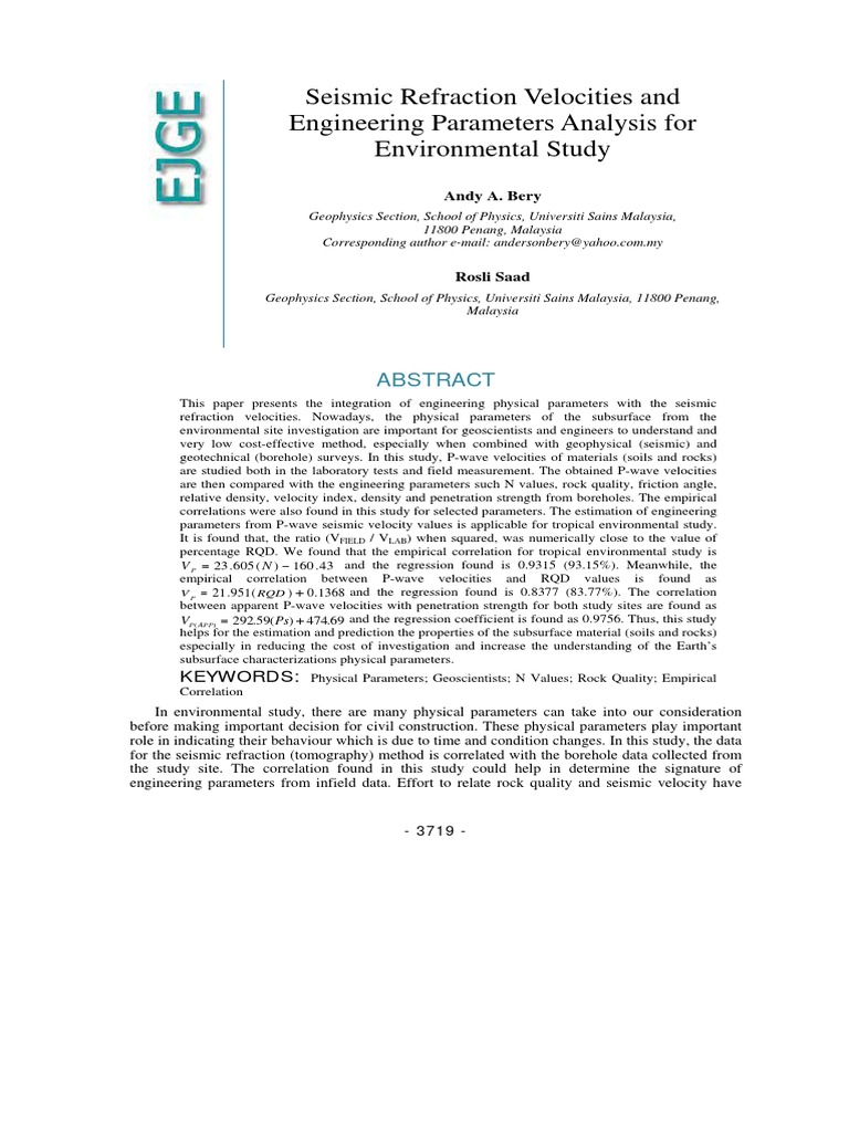 Seismic Refraction Velocities and Engineering Parameters Analysis For ...