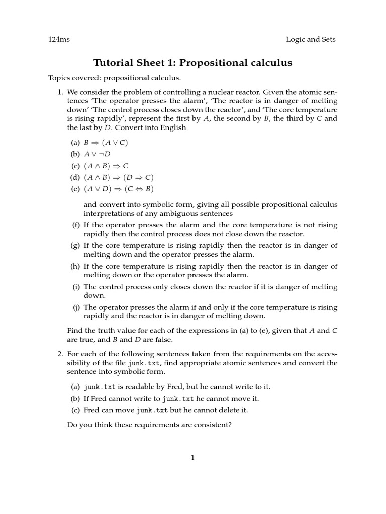 Propositional Logic Expressions and Their Truth Values for a Nuclear Reactor Control System ...