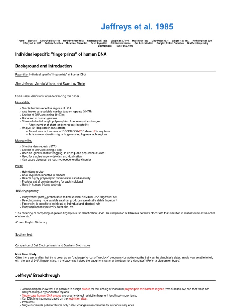 Individual-Specific "Fingerprints" of Human DNA: Alec Jeffreys ...