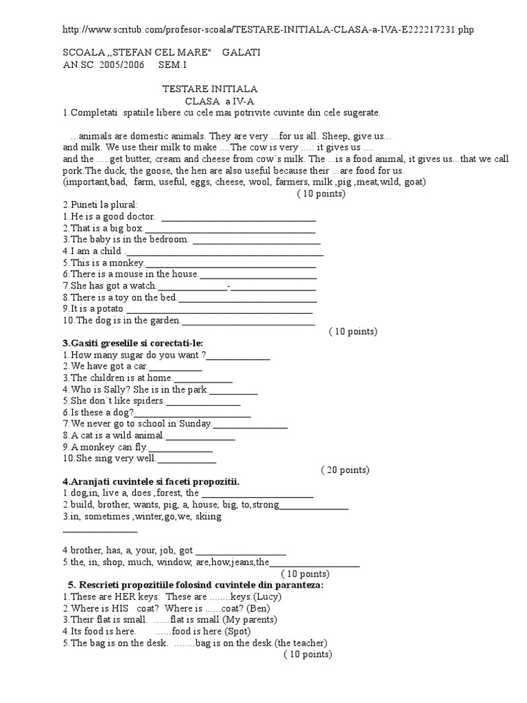 Testare Initiala Clasa Aiv-A | PDF | Ethnobiology | Domestication