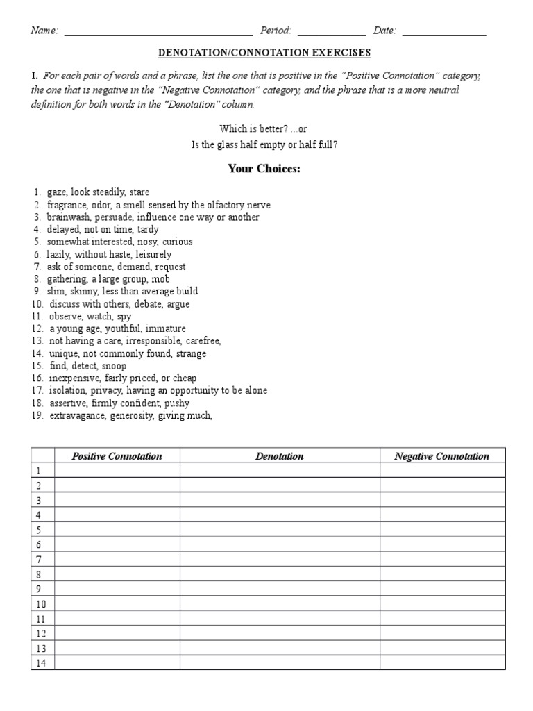 Connotation Denotation Worksheet 2 | PDF