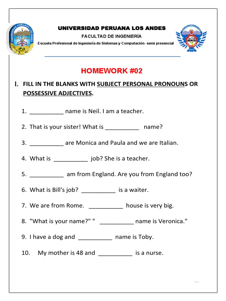 Homework #02: I. Fill in The Blanks With Subject Personal Pronouns or ...