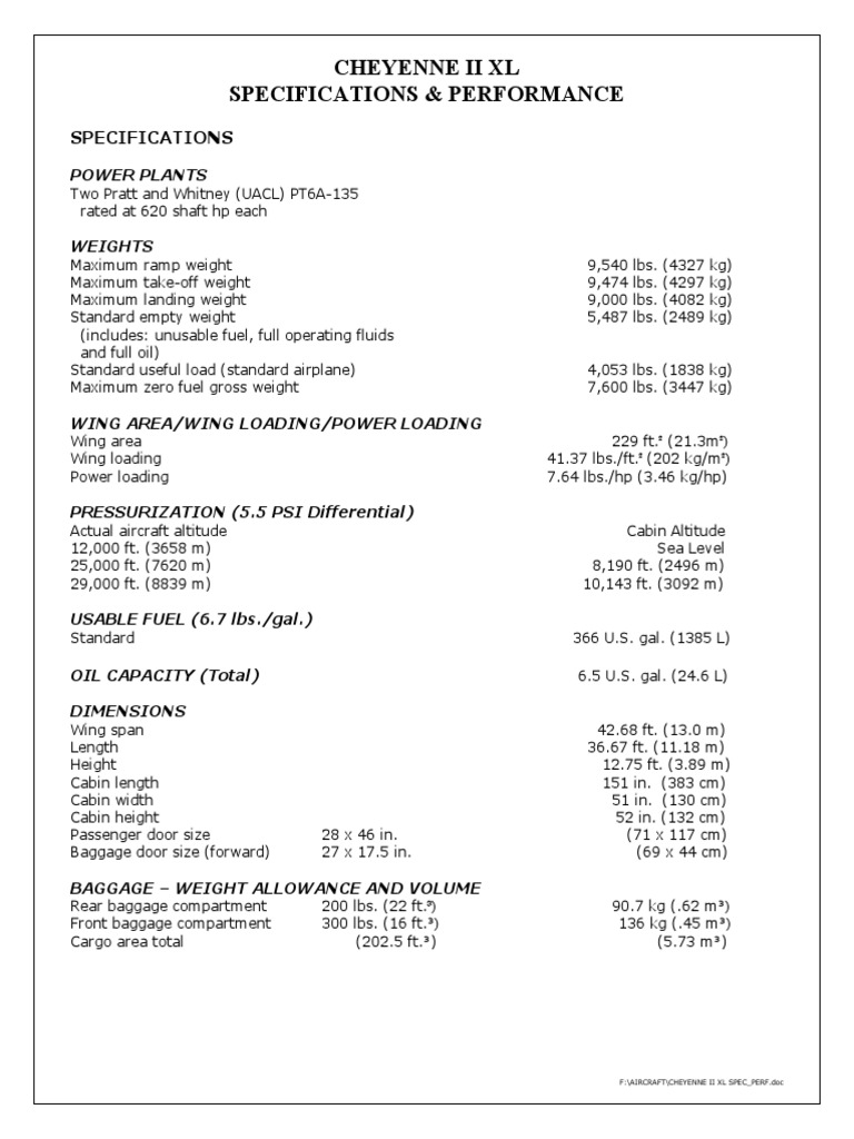 Cheyenne II XL Spec | PDF | Takeoff | Aerospace Engineering