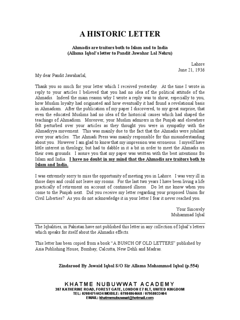 Iqbal Letter | Download Free PDF | Monotheistic Religions | Abrahamic ...