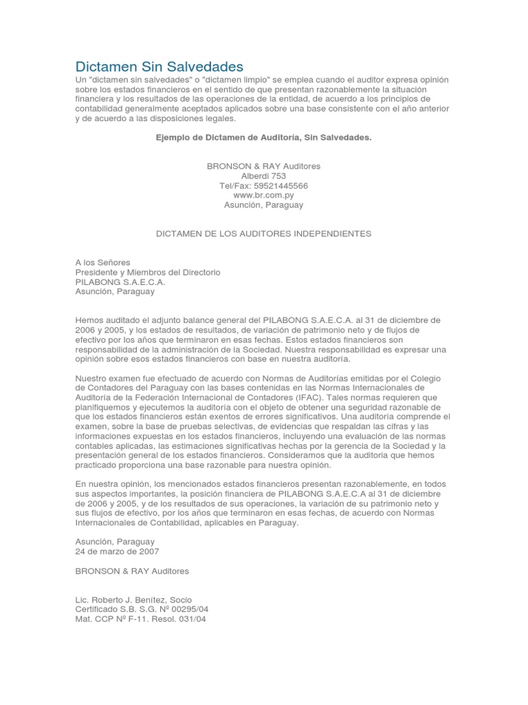 Informes Sin Salvedades | PDF | Auditoría financiera | Estado financiero