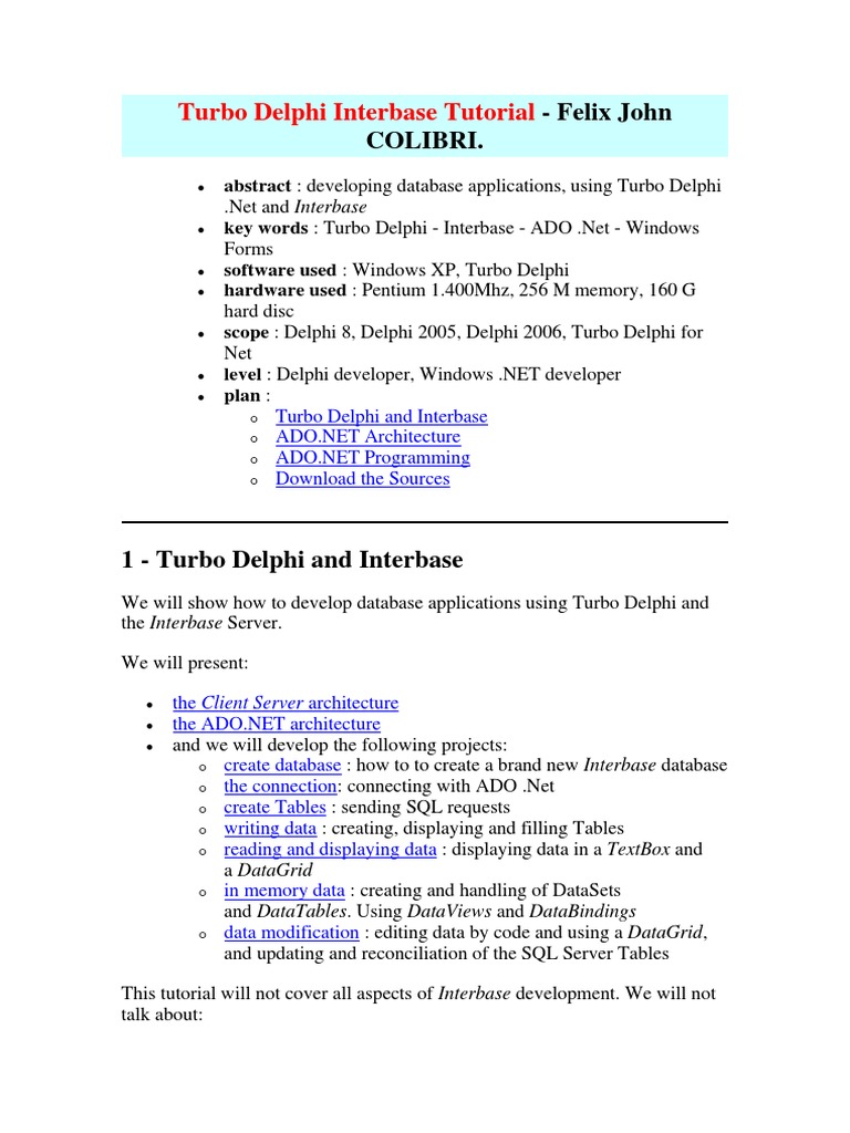 Turbo Delphi Interbase Tutorial | PDF | Microsoft Sql Server | Active X Data Objects