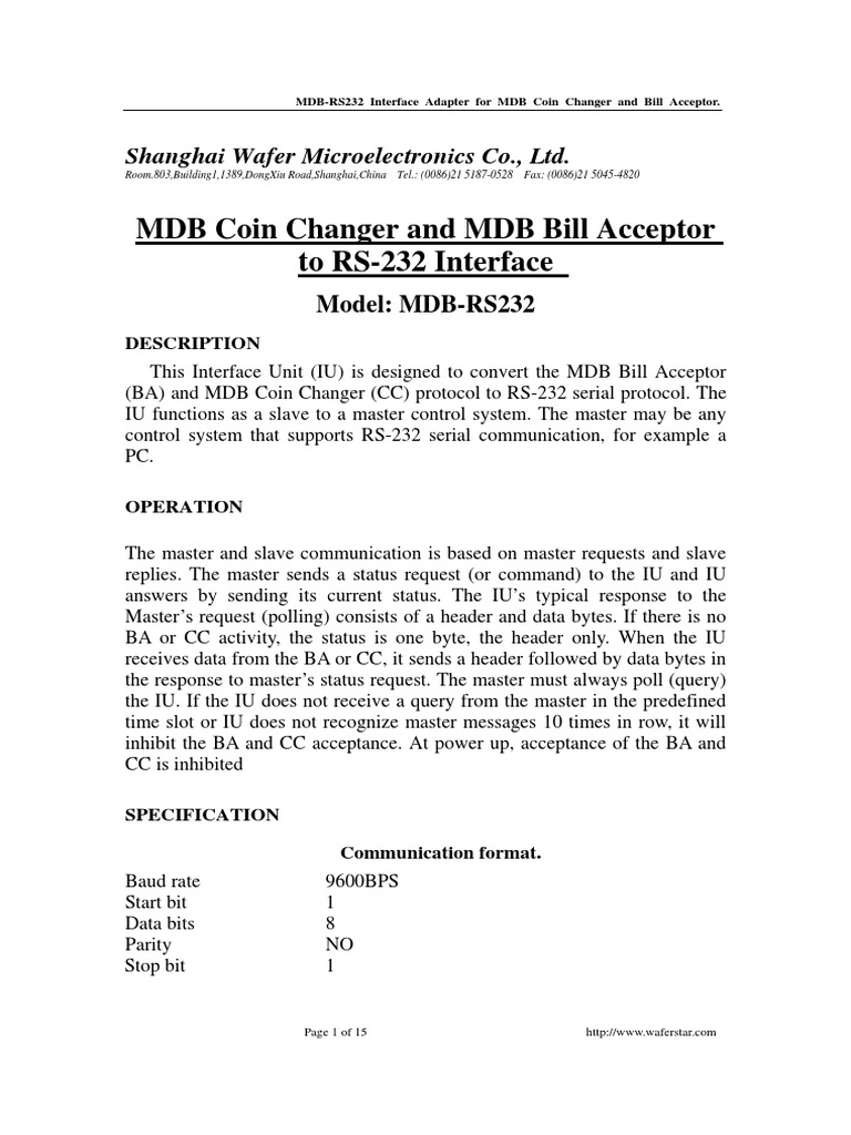 MDB RS232 V2.2 | PDF | Transmission Control Protocol | Byte