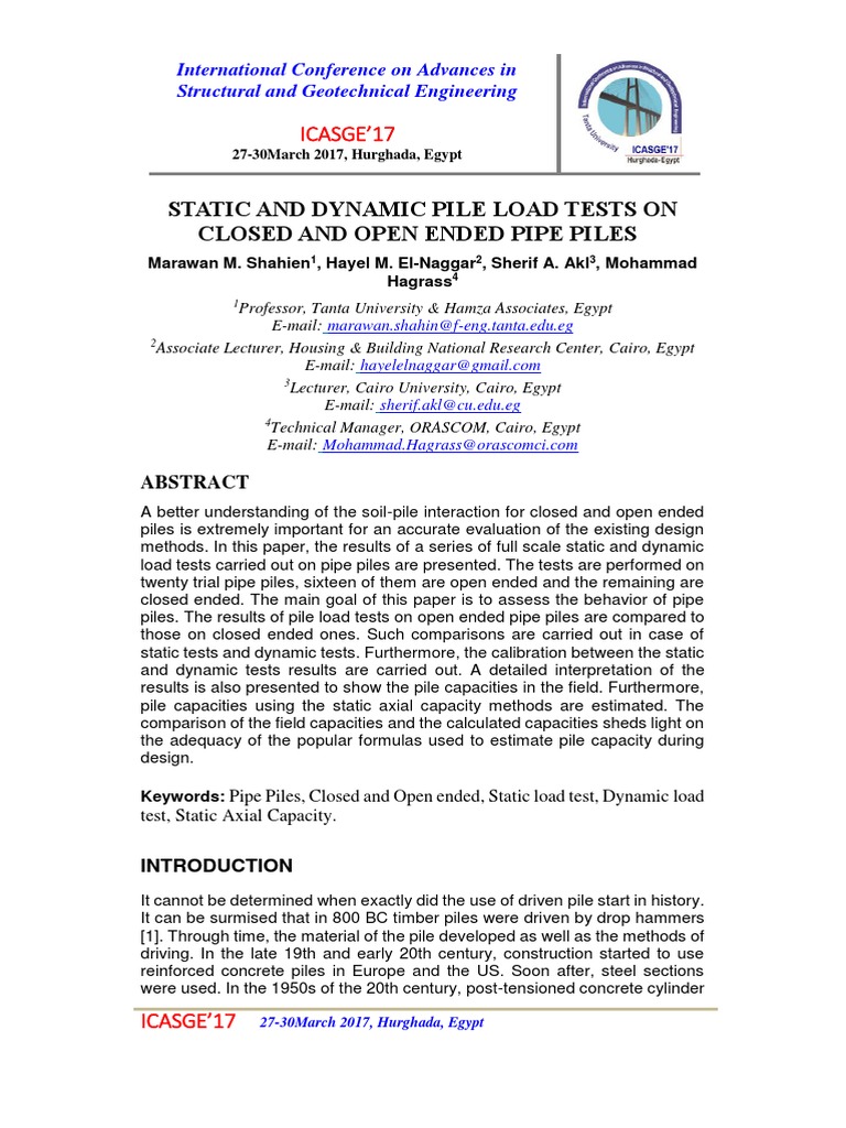 Static and Dynamic Pile Load Tests On Closed and Open Ended Pipe Piles ...