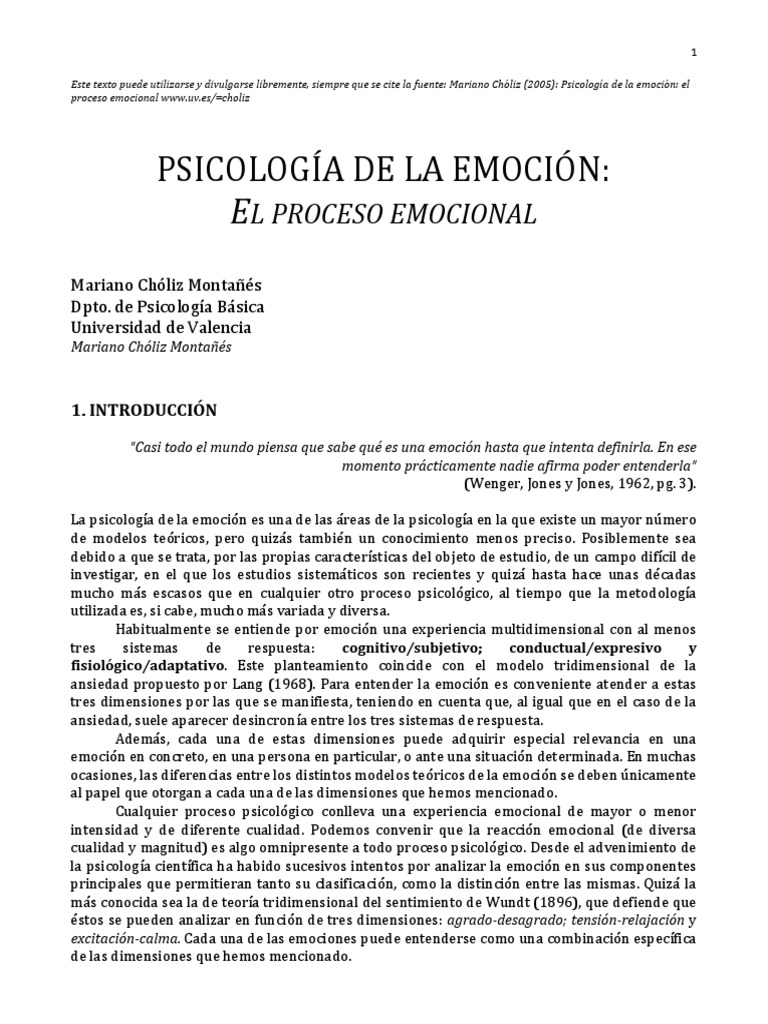 Psicología De La Emoción El Proceso Emocional Pdf Las Emociones