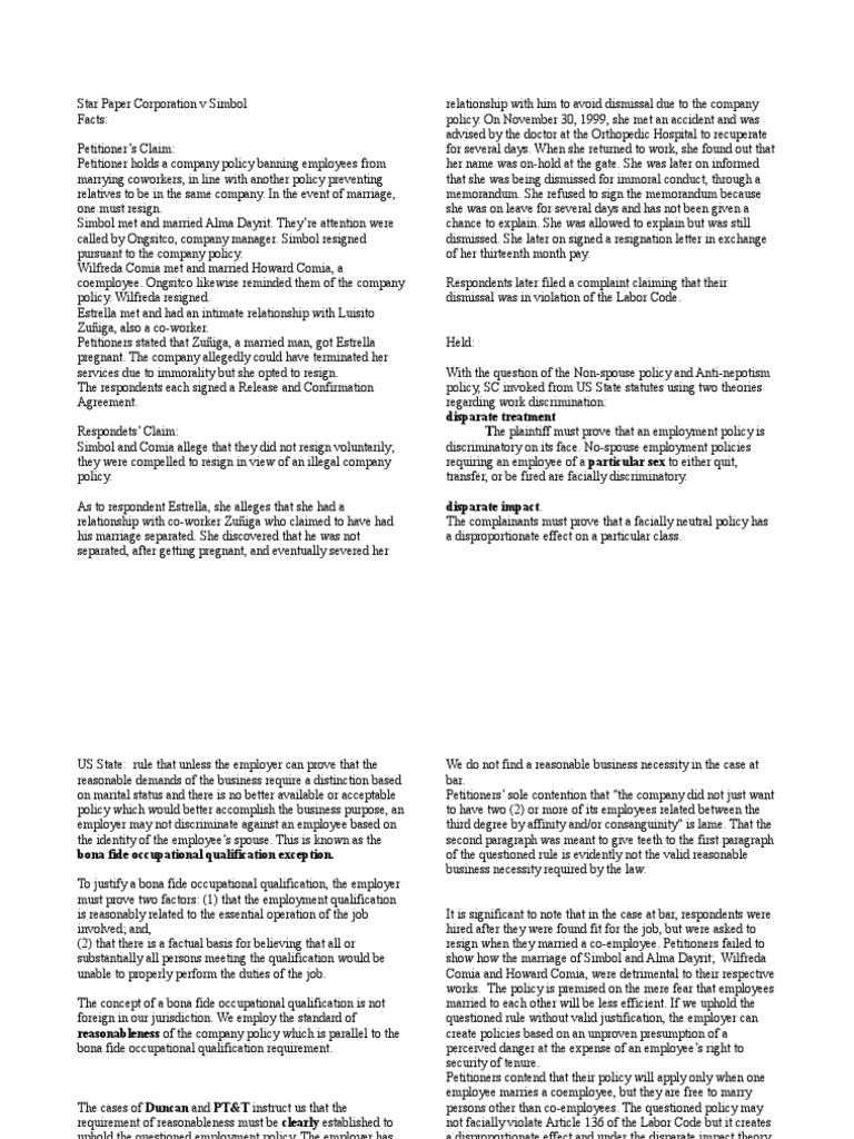 Star Paper Corporation V Simbol Digest | PDF | Disparate Impact ...