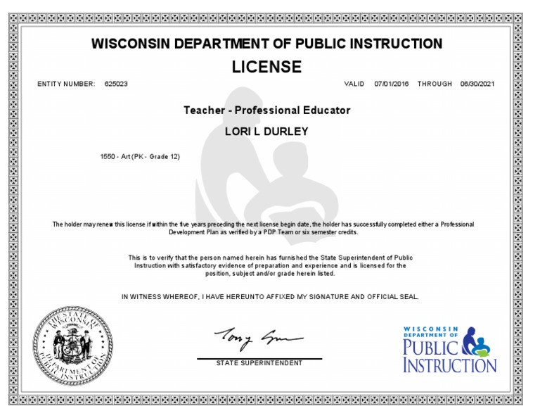 Wisconsin Teacher License Verification | PDF