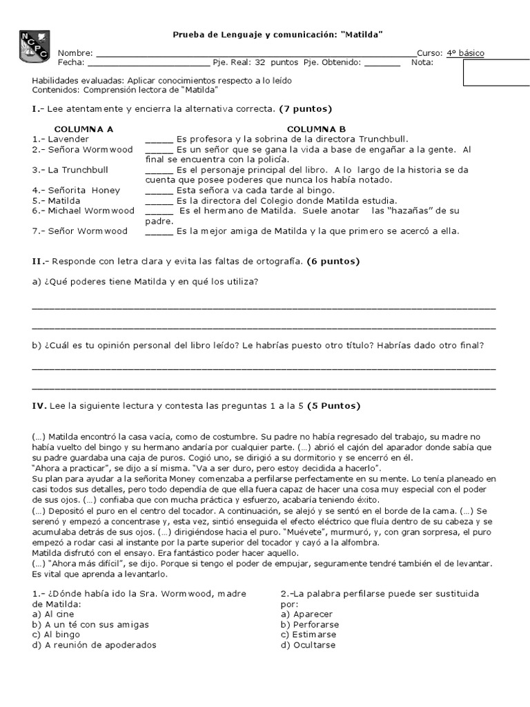 Prueba Del Libro Matilda | PDF