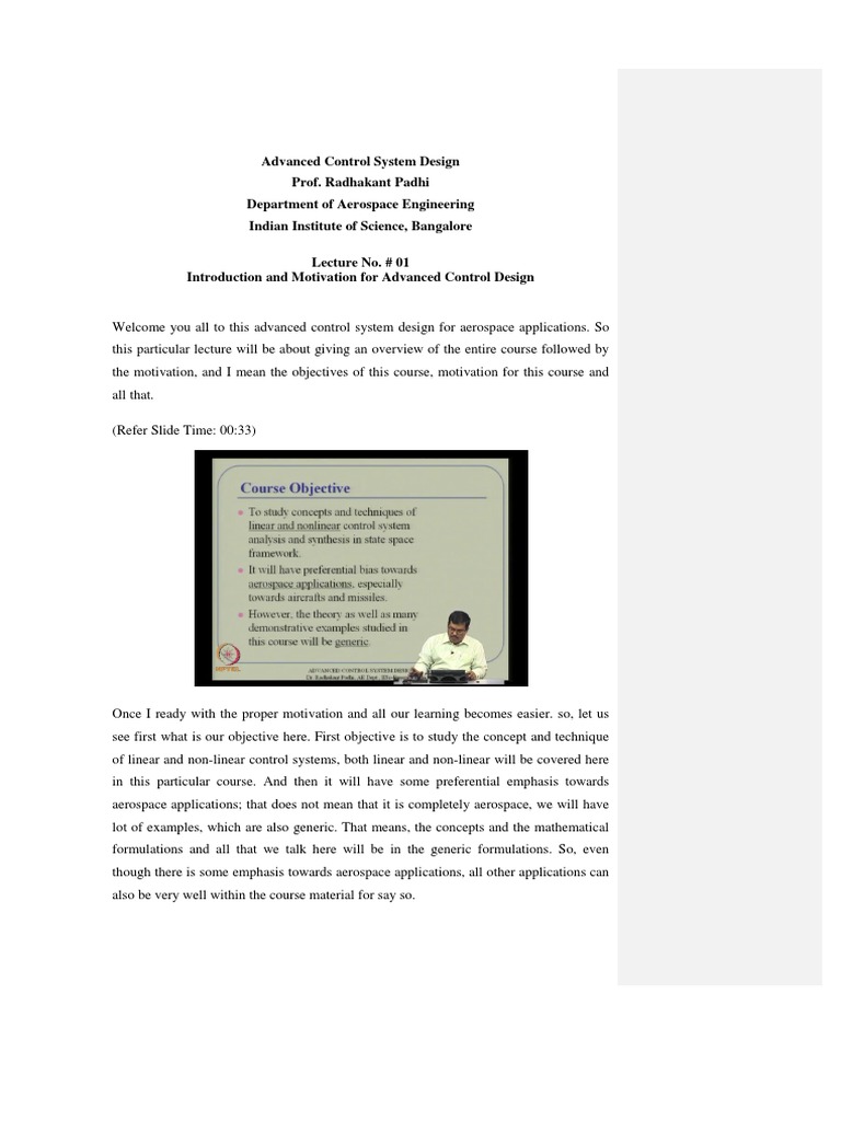 Advanced Control System Design Prof. Radhakant Padhi Department of ...