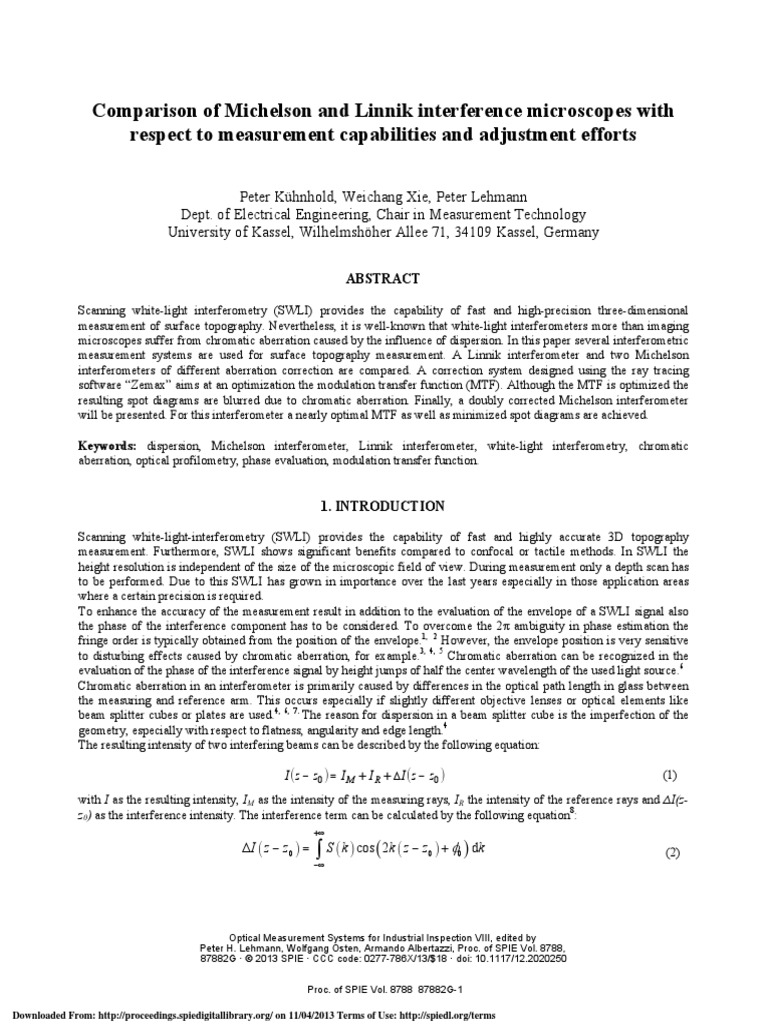 Comparison of Michelson and Linnik Interference Microscopes | PDF ...