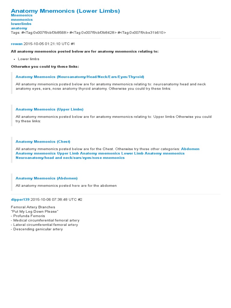 Lower Limb Anatomy Mnemonics Guide | PDF | Human Leg | Foot
