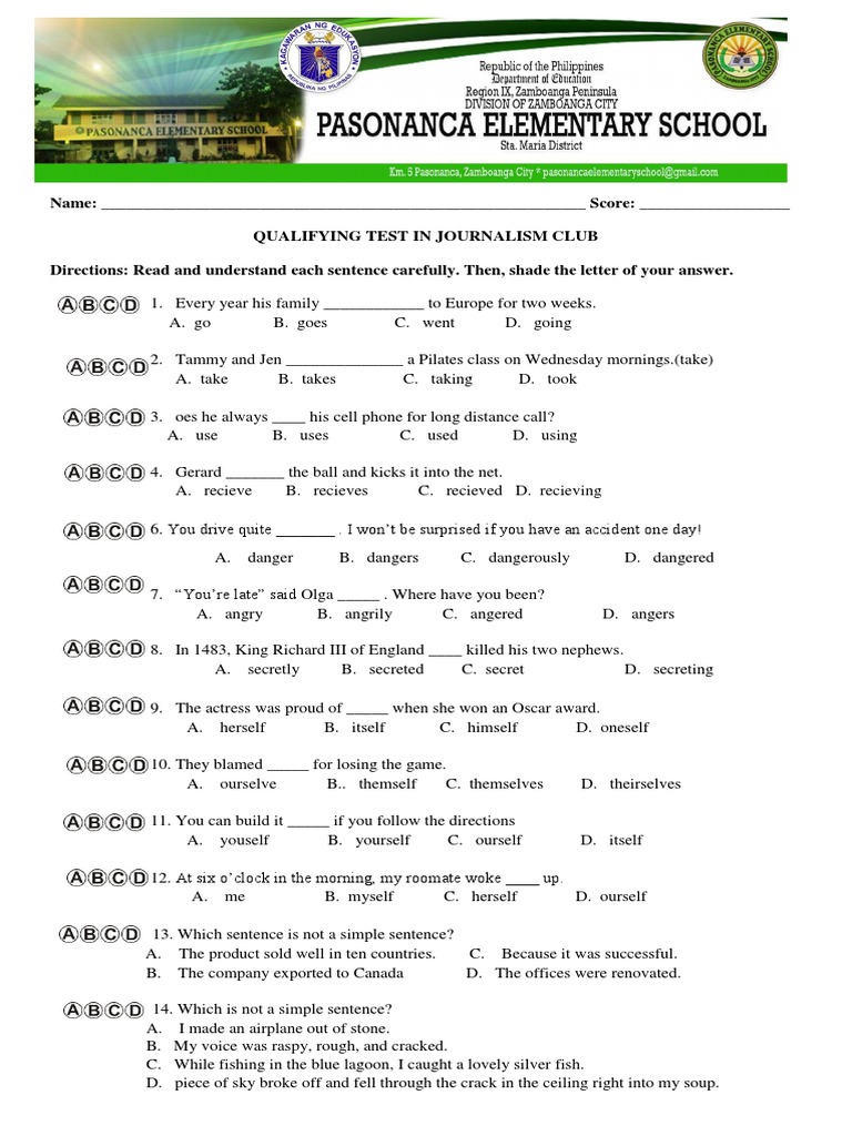 Grade 7 Journalism Qualifying Test | PDF | Leisure