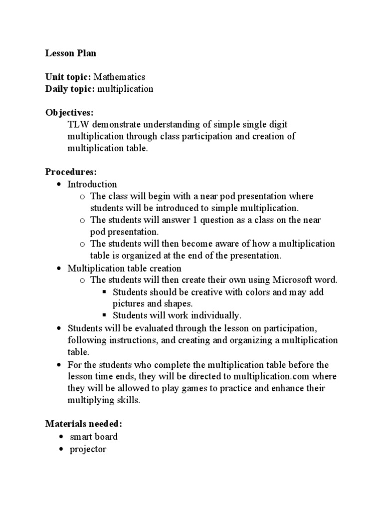 Lesson Plan Unit Topic: Mathematics Daily Topic: Multiplication ...