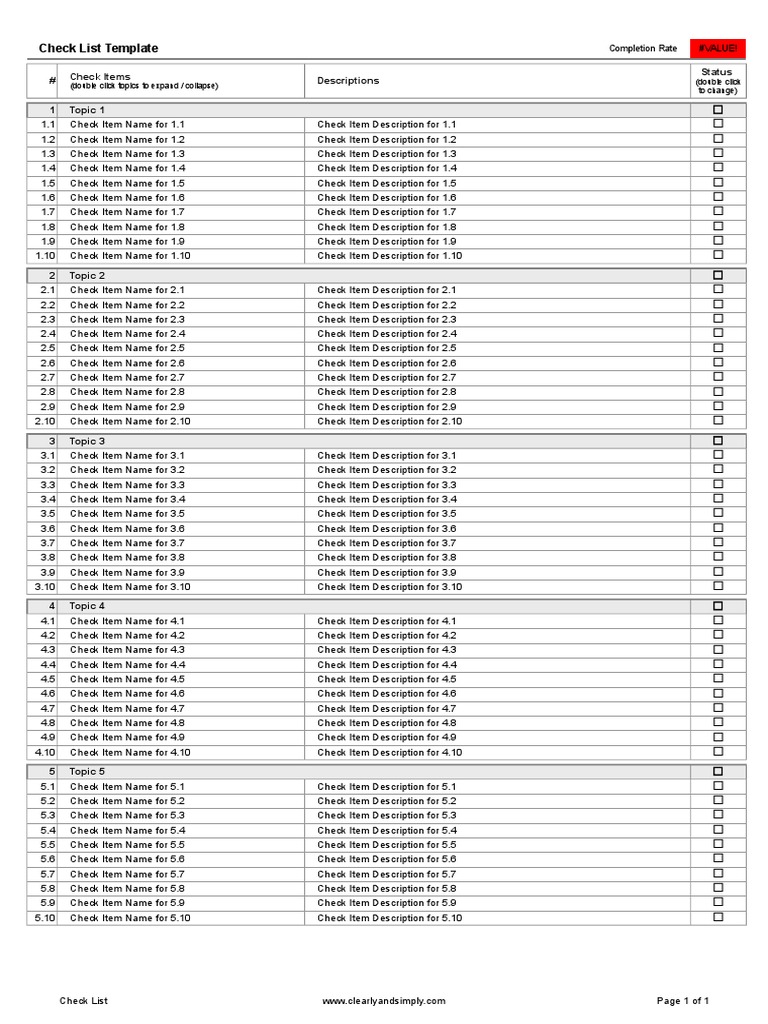 Check List Template: # Descriptions 1 Topic 1 Check Items Status | PDF ...