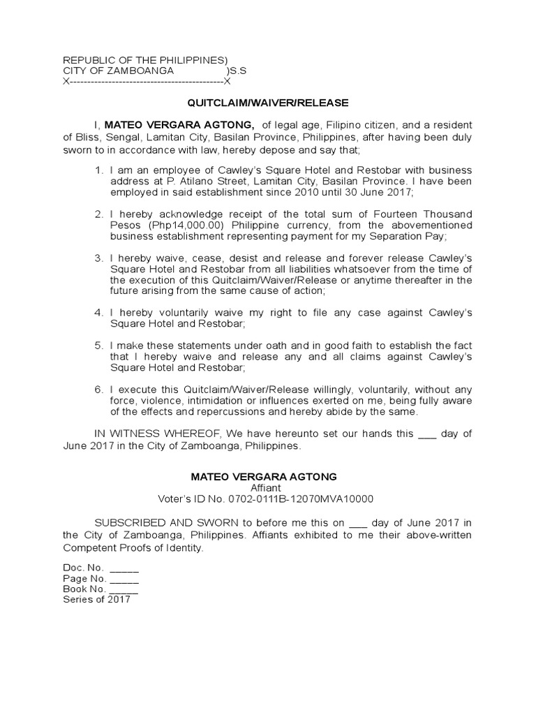 Employee Quitclaim and Release Sample | PDF | Social Science