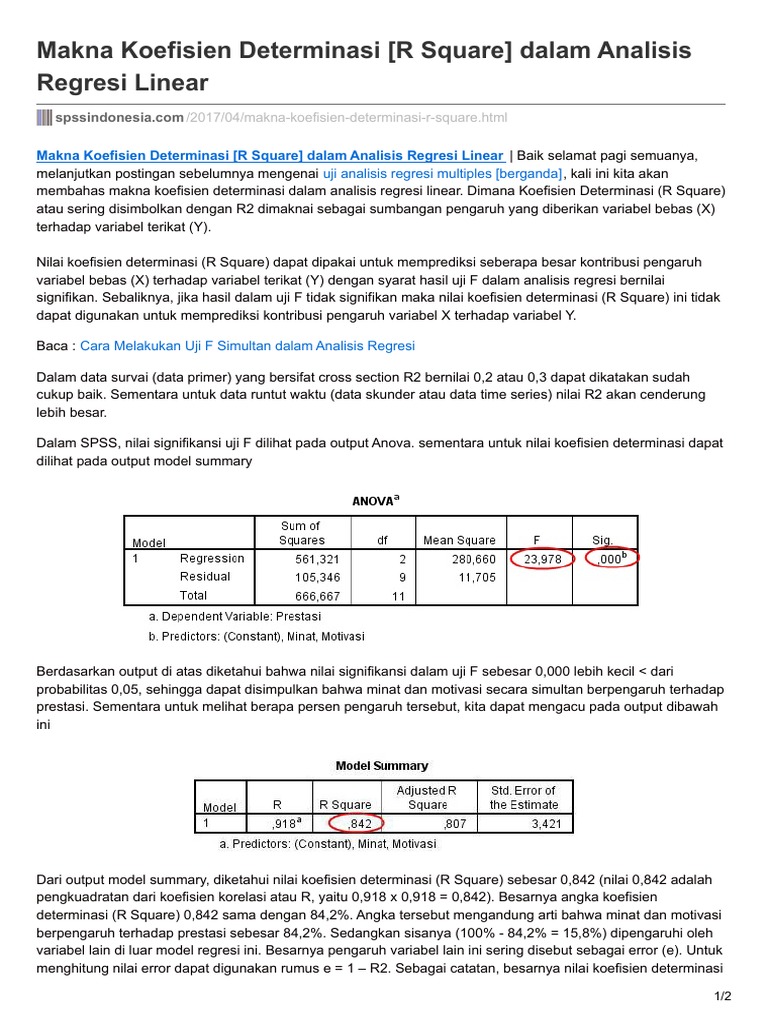 Koefisien Determinasi R Square Dalam Analisis Regresi Linear | PDF