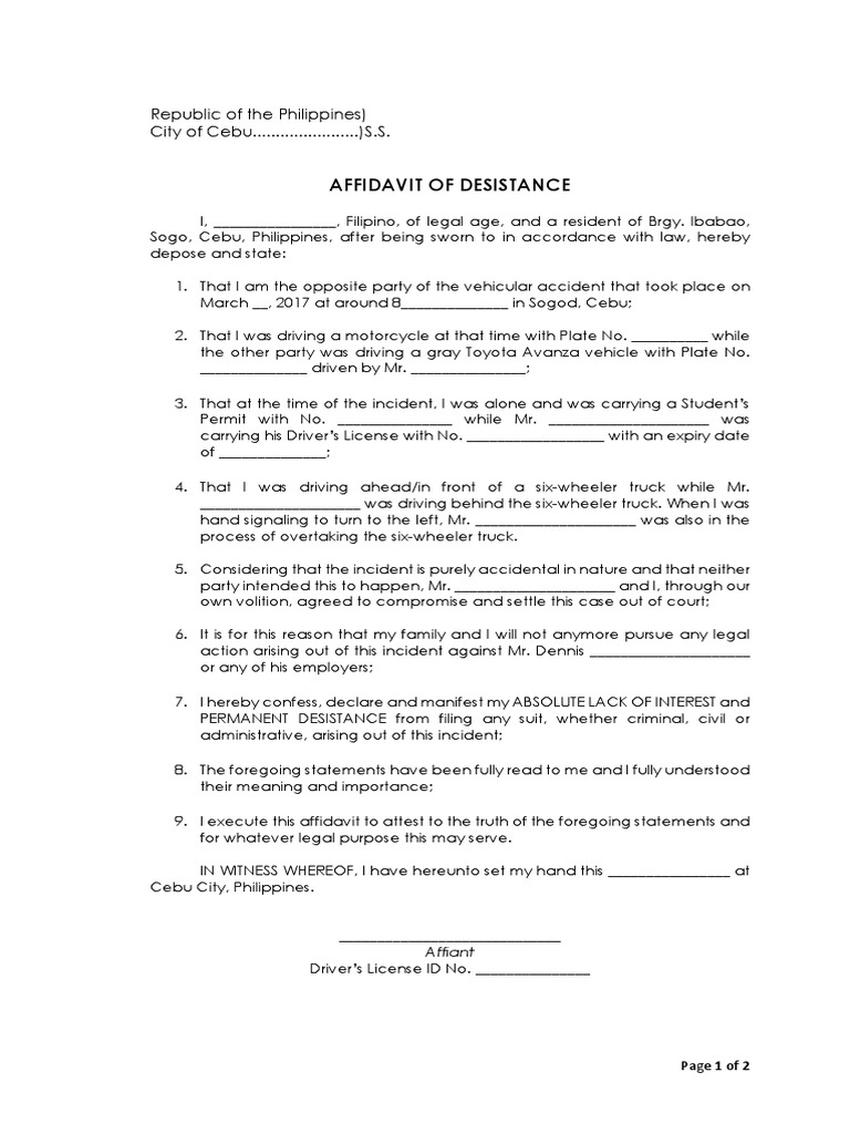 Affidavit of Desistance | Affidavit | Common Law