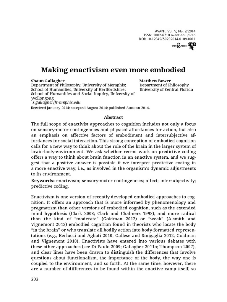 Gallagher, S., Making Enactivism Even More Embodied | PDF | Embodied ...