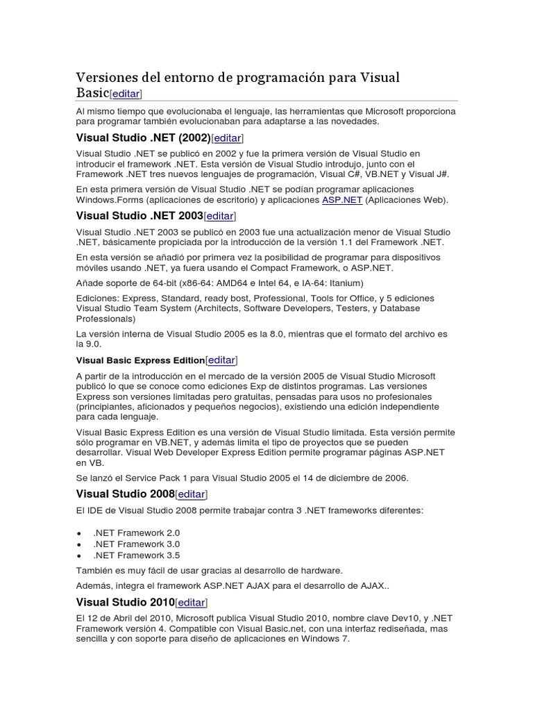 Versiones Del Entorno de Programación para Visual Basic | Descargar gratis PDF | Microsoft ...