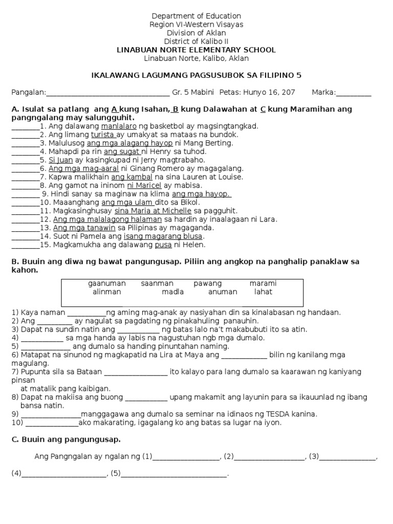 Filipino 5 Summative Test | PDF