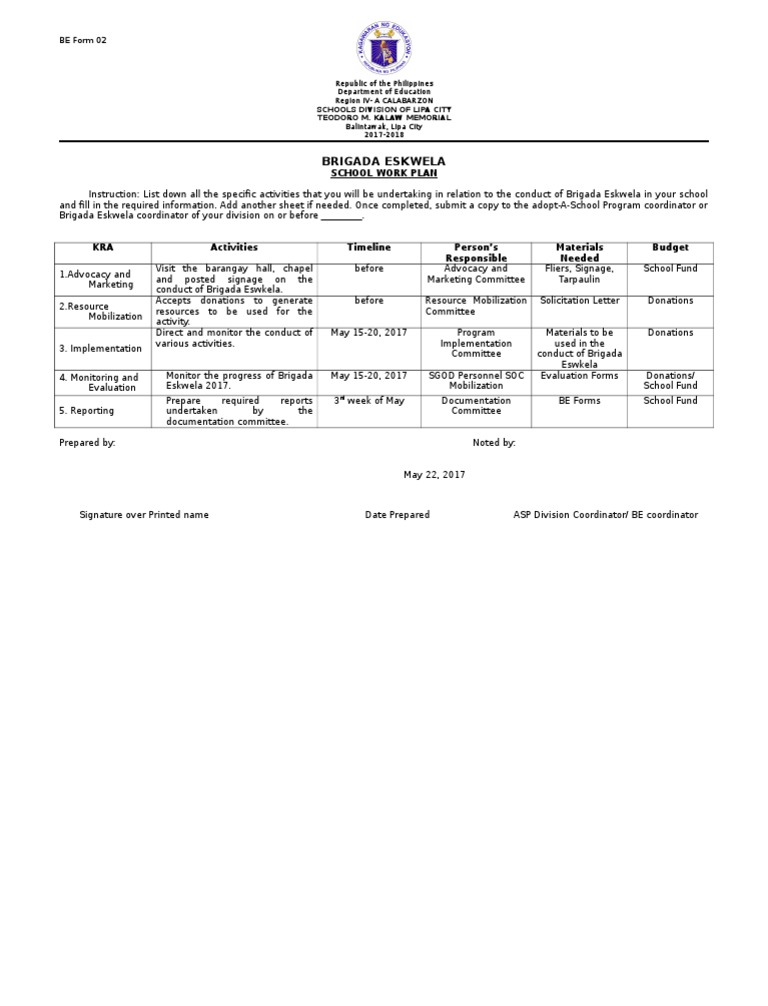 Be Form 2 - School Work Plan | PDF | Government | Business