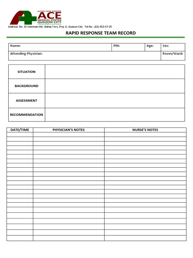 Rapid Response Team Record: Name: Pin: Age: Sex: Attending Physician ...