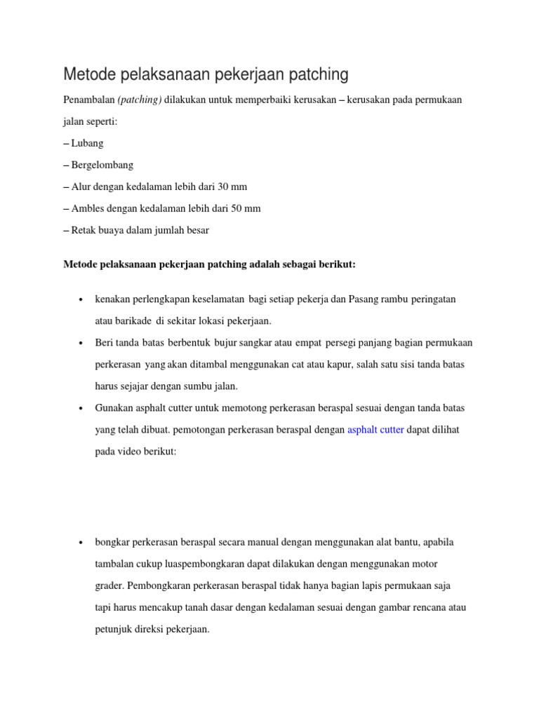 Metode Pelaksanaan Pekerjaan Patching | PDF