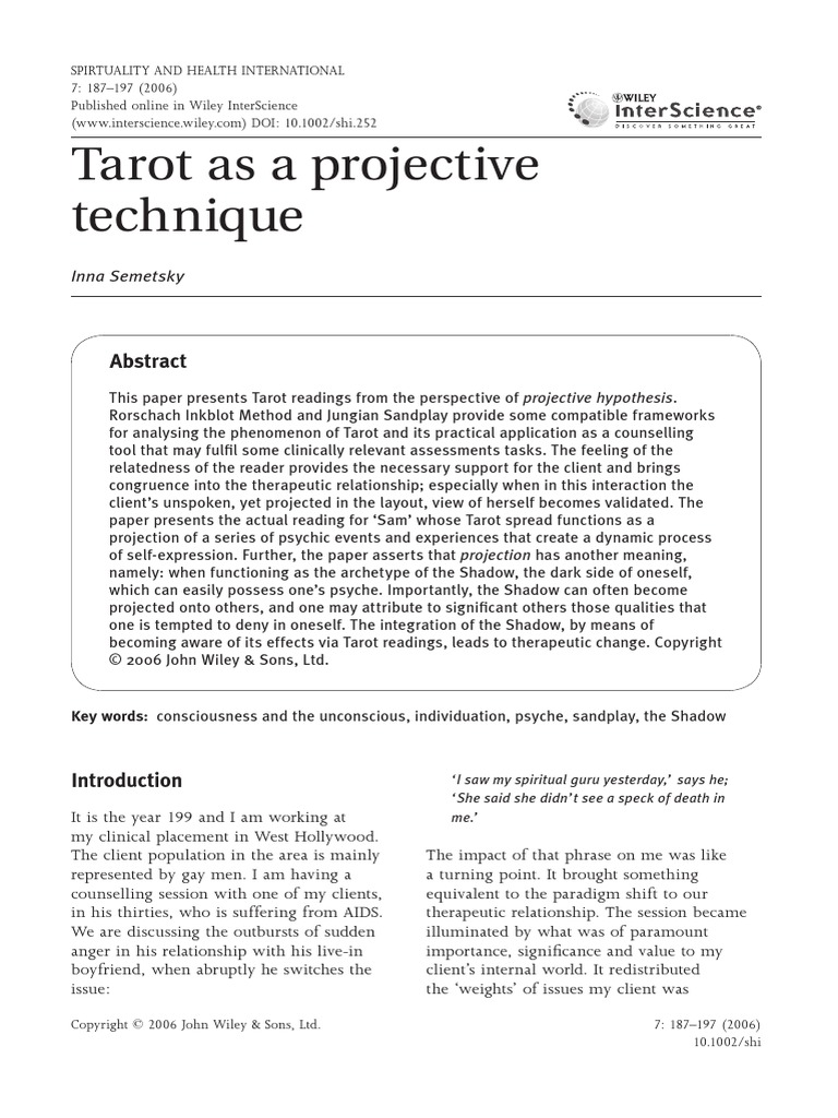 Inna Semetsky - Tarot As A Projective Technique PDF | PDF | Shadow (Psychology) | Psychotherapy