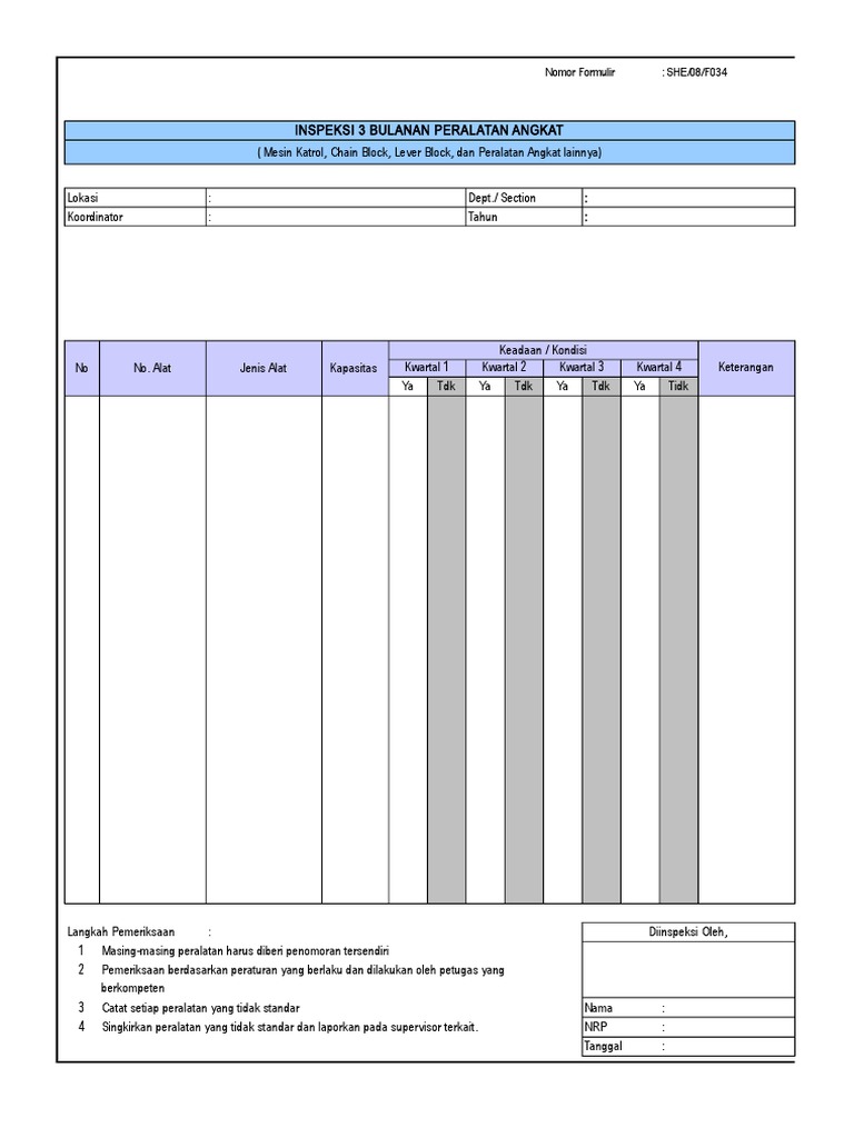 SHE 08 F034 R0 Form Inspeksi 3 Bulanan Peralatan Angkat | PDF