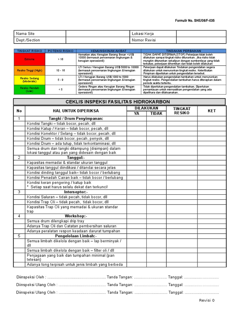 SHE 08 F035 R0 Form Inspeksi Fasilitas Hidrokarbon | PDF