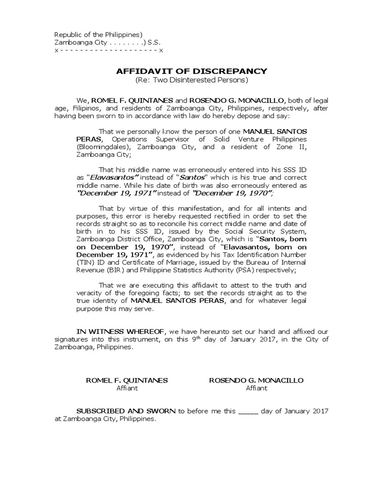 Affidavit Of Discrepancy: (Re: Two Disinterested Persons)