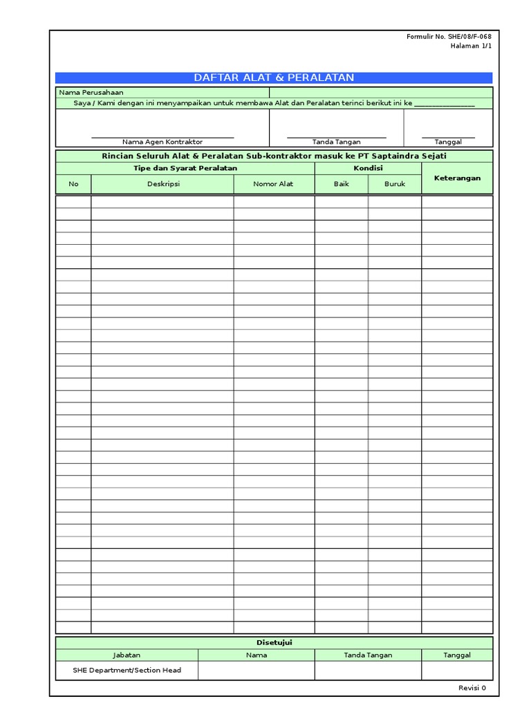SHE 08 F068 R0 Form Daftar Alat Dan Peralatan | PDF